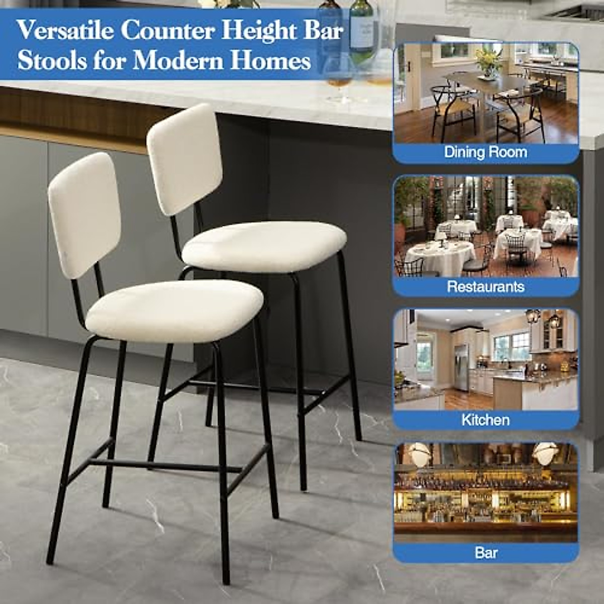 Barstools Set of 2 Counter Height Bar Stools : Modern White Upholstered Boucle Fabric Bar Stool for Kitchen Bistro Pub Armless Bar Chair with Metal Base for Dining Room Counter Island