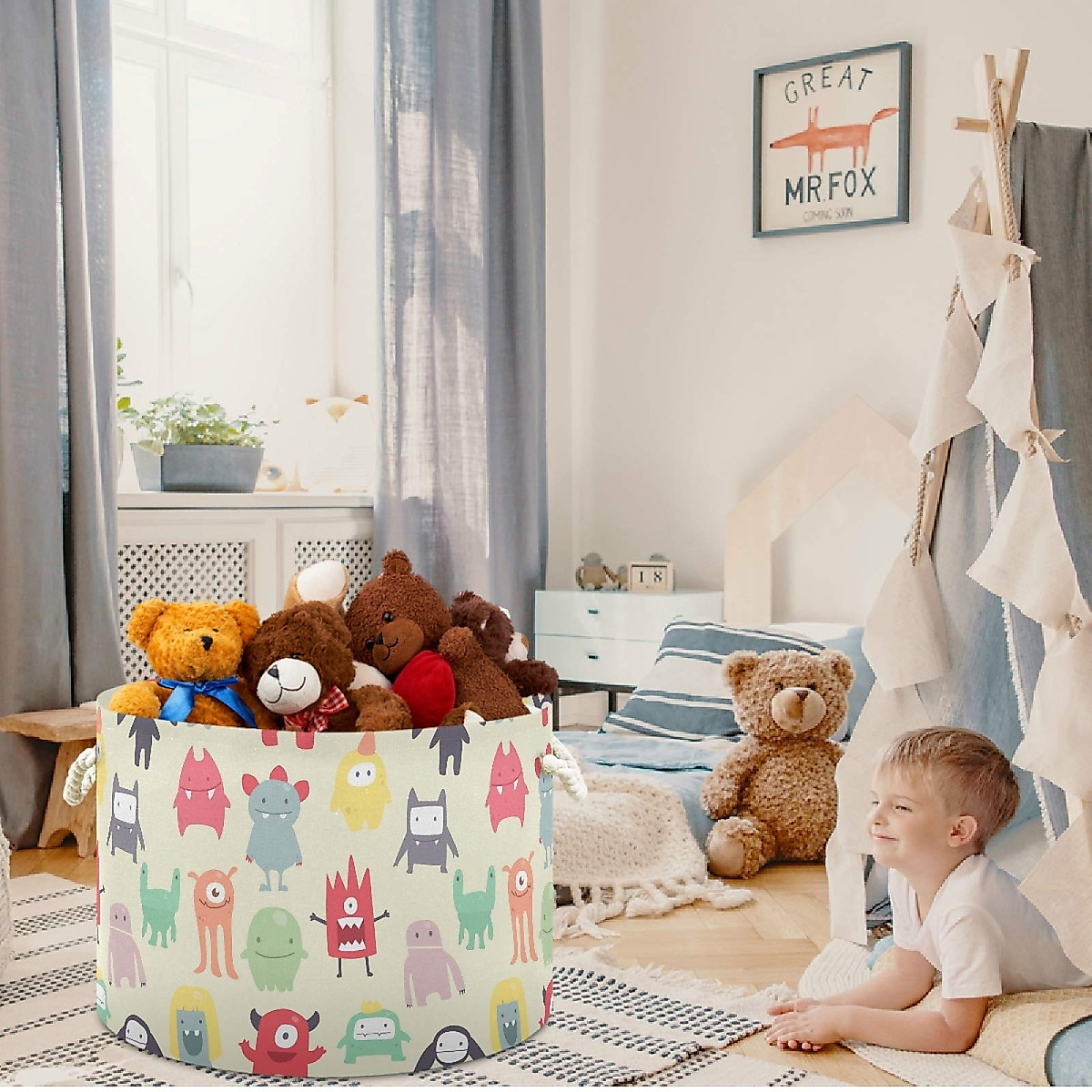 visesunny Collapsible Large Capacity Basket Cute Monster Colored Patterned Clothes Toy Storage Hamper with Durable Cotton Handles Home Organizer Solution for Bathroom, Bedroom, Nursery, Laundry,Closet