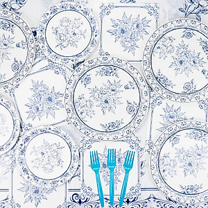 81Pcs Blue and White Flower Party Decorations, Floral Dinnerware Set, Blue and White Porcelain Plates, Napkins, Tablecloth for Bridal Birthday Baby Shower Spring Summer Tea Party Supplies, Serve 20