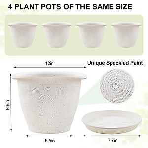 Plastic Flower Pots Planters for Indoor Plants, 4 Pack 12 Inch White Plant Pots with Drainage Hole & Tray, Modern Decorative Large Plant Pot with Saucer for Indoor Outdoor Plants Garden House Planter