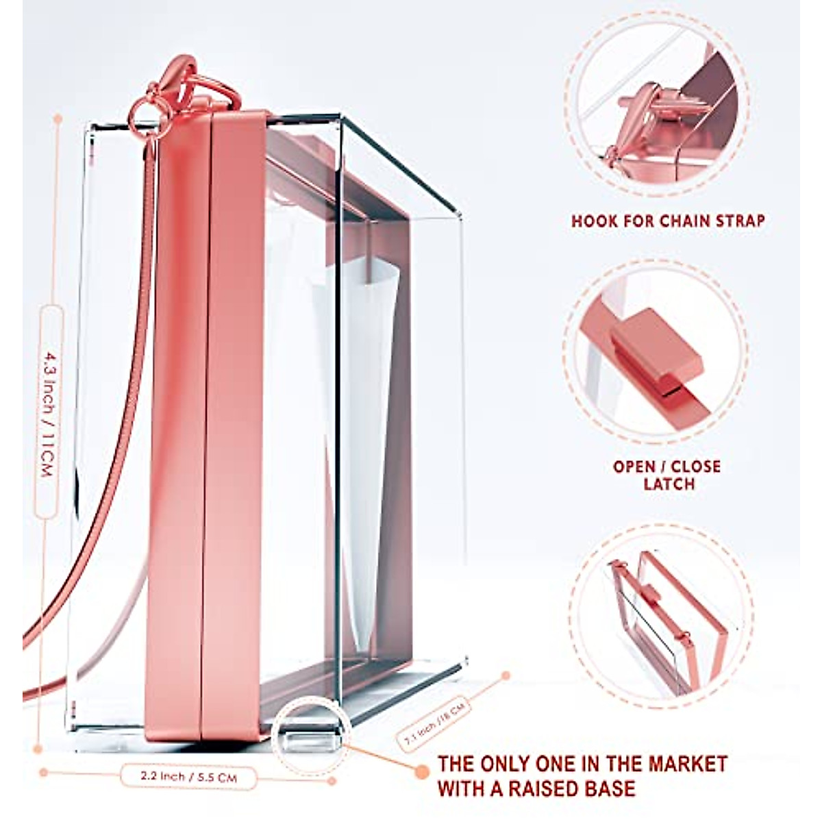 STEVENS PARRA Clear Clutch Purse for Women, use this Transparent Acrylic Bag as a Crossbody/Handbag. Gift Box Included. Small (ROSE GOLD)