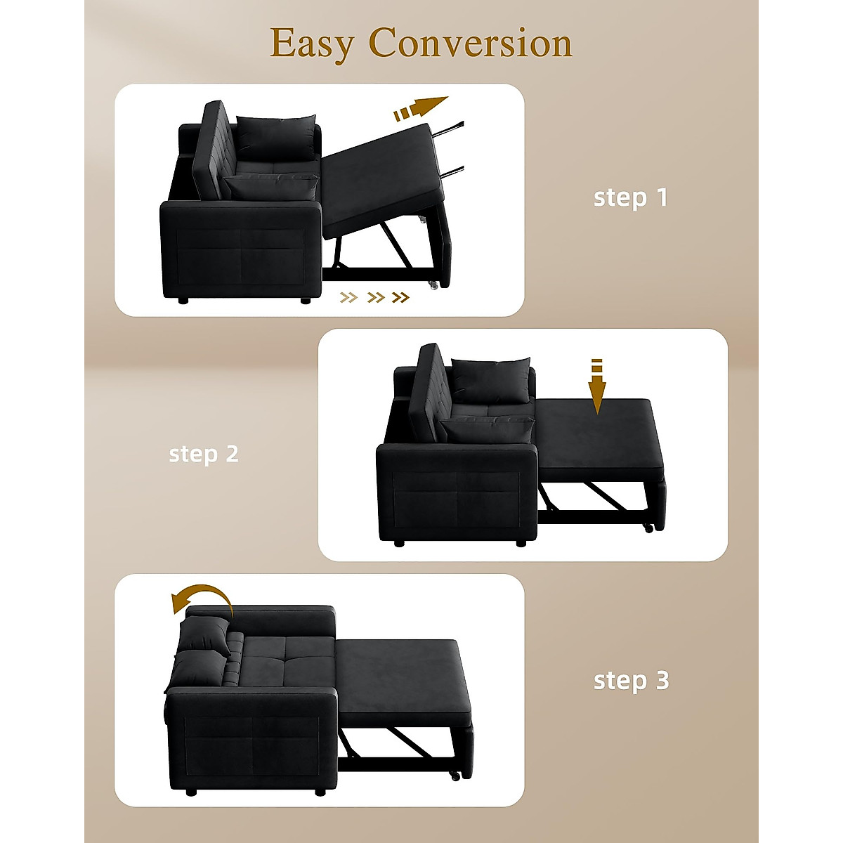 YITAHOME 55" Convertible Sofa Bed, Velvet Sleeper Sofa with Pull-Out Bed, 3-in-1 Futon Couch with Reclining Backrest and Side Pocket, Modern Loveseat for Living Room, Black, Full Size