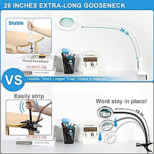 TOMSOO 26" Gooseneck Magnifying Lamp with Clamp, 5 Color Modes Stepless Dimmable LED Desk Light with Magnifying Glass, 5X Real Glass Lighted Magnifier Hands Free for Painting Close Work Craft Hobby