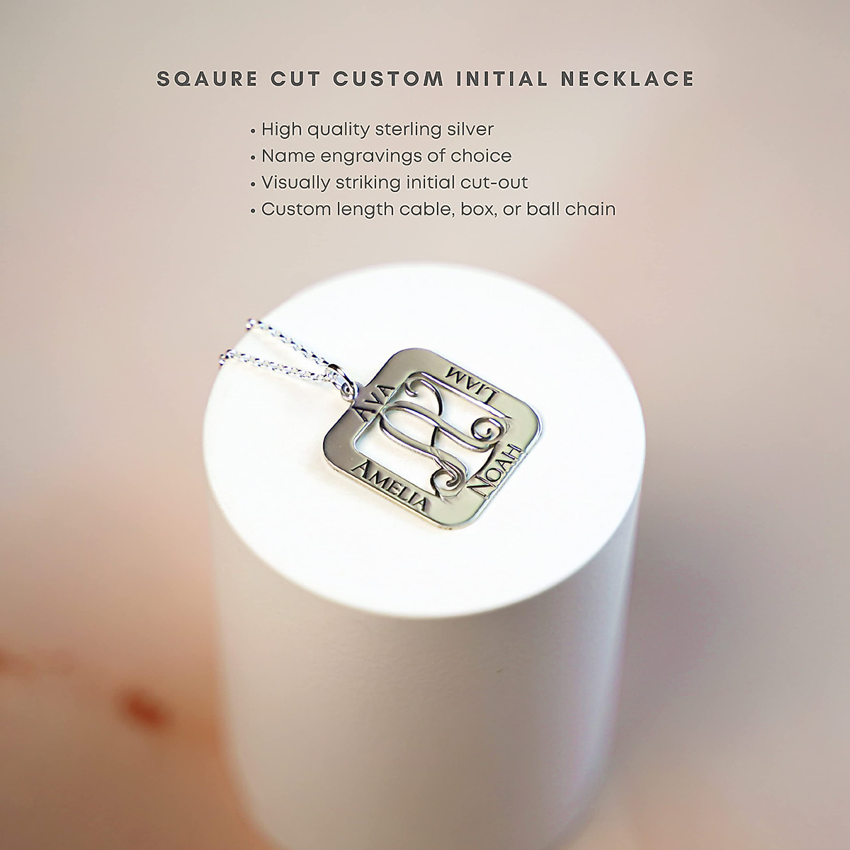 Square Cut Sterling Silver Script Initial and Name Pendant Necklace. Personalized Center Monogram and Names. Choice of Chains. Sterling Silver, 14k Gold Plate or Rose Gold Plate over Sterling Silver