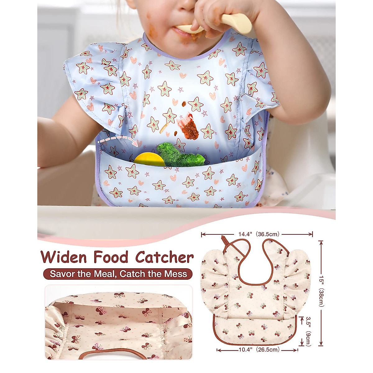 Lictin Baby Bibs for Girls Waterproof - 3 Pack Mess Proof Bib, Oil-proof Toddler Feeding Bib with Adjustable Closure, Baby Bibs for Eating 6-36 Months, Baby Food Bib Machine Washable