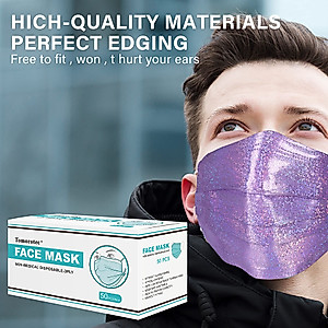 NiHealth 50PCS Stylish Disposable Face Masks for Adults - Breathable 3-Layer Non-Woven Fabric Coverings with Glamorous Glitter Sparkle Design (5 Iridescent Colors)