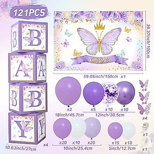 Purple Butterfly Baby Shower Decorations for Girl，Purple Balloon Garland Arch Kit，Purple Butterfly Baby Boxes and Butterfly Backdrop Kit for Baby Shower Butterfly Birthday Lavender Party Decorations