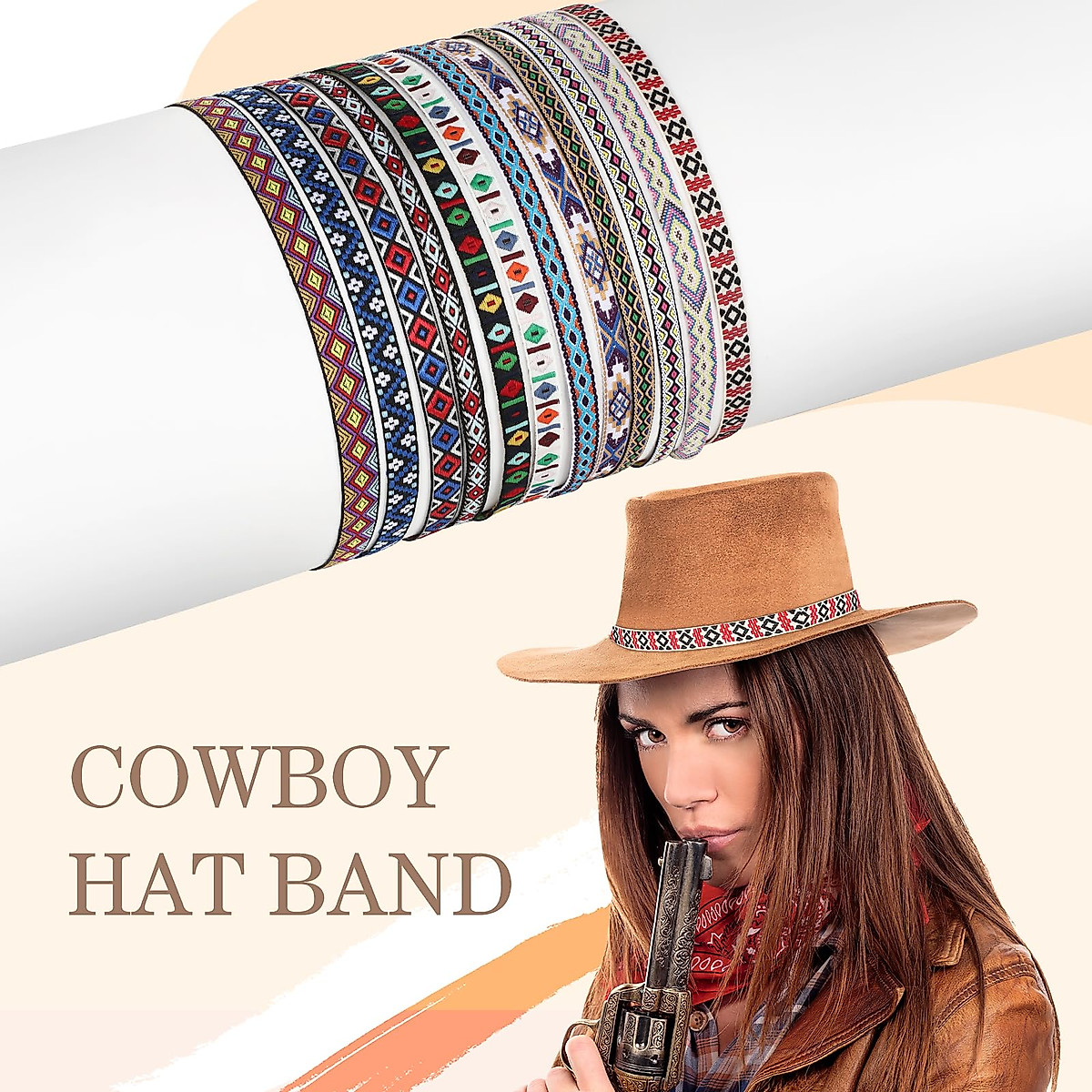 RUMIA 12 PCS Boho Hat Bands for Women Cowboy Stretchable Hat Bands Western Hat Belts for Boho Women Men Cowgirl Hats Accessories Adjustable Fedora Hat Decoration Suitable for 56-65cm