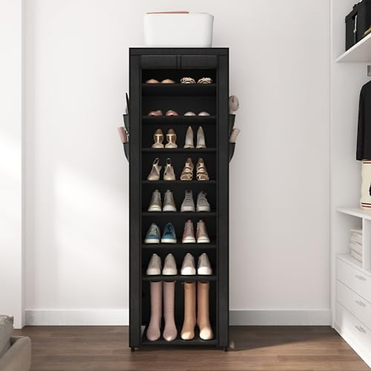ROJASOP Shoe Rack with Covers, 10 Tier Shoe Organizer Narrow Shoe Storage Cabinet for 20-22 Pairs Shoes and Boots Tall Space Saving Shoe Shelf for Closet Entryway Garage Hallway Bedroom