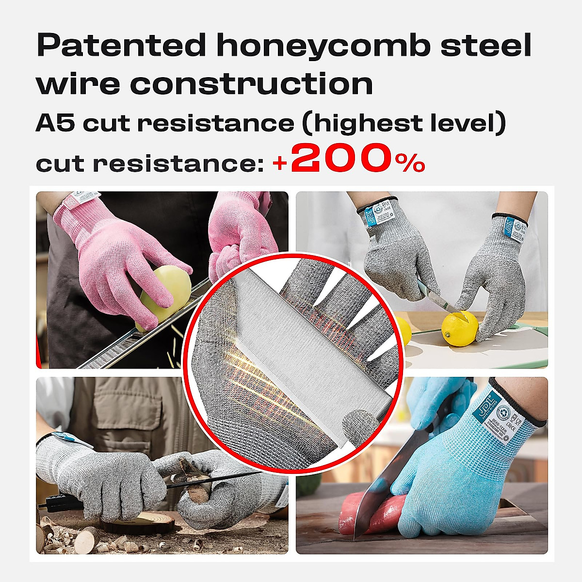 JDL Large Pink Cut Resistant Gloves with Touch Screen, Food Grade, ANSI A5, 3D Stretch Fit, Firm Grip, Suitable for Oyster Shucking, Meat Slicing, Kitchen Protection