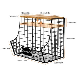 Fruit Basket for Kitchen with Wood Lid - Counter&Wall Mounted Onion and Potato Storage with Nameplate, Stackable Storage Basket, Hanging Metal Wire Baskets Kitchen Countertop Organizer Pantry 3 Pack