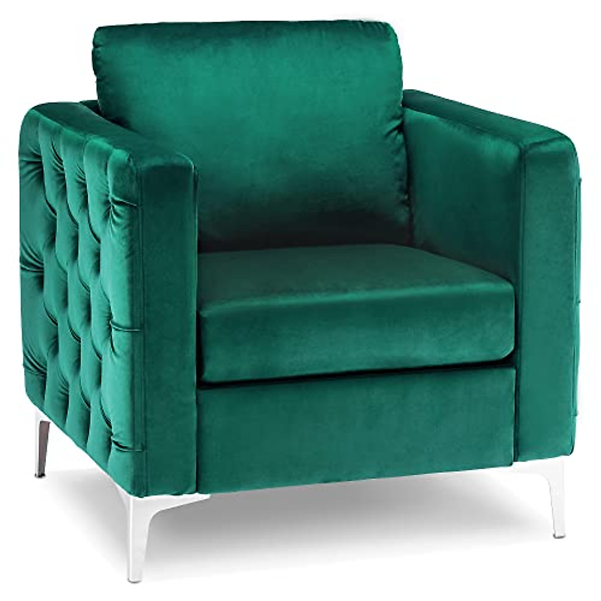 MCombo Living Room Accent Chairs, Velvet Club Chair, Single Sofa Chair with Upholstered Tufted Button, Silver Metal Legs, Modern Armchair for Bedroom 4066 (Green)