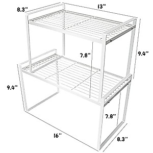 2 Pack Kitchen Shelf Organizer Cabinet Countertop Storage Shelves,Bathroom Pantry Office Space Saving Rust Resistant Non Slip Stackable Small Stand Metal Wire Rack,16 and 13 Inch White