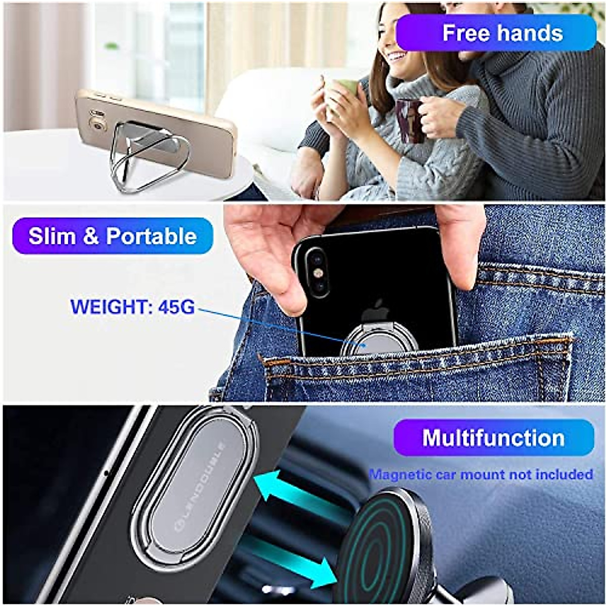 Foldable Cell Phone Stand for Desk, Adjustable Cellphone Ring Holder Finger Kickstand for Office Desktop & Magnetic Car Mount, Rotatable Multi-Angle Hand Grip for iPhone 14 and Smartphones Back Case