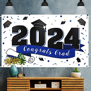 LASKYER 2024 Congrats Grad Graduation Party Decorations - Class of 2024 Large Hanging Photoprop Backdrop Banner,2024 Gard Sign Decorations - Blue.