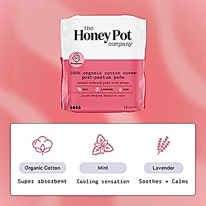 The Honey Pot Company - Herbal Postpartum Pads w/Wings - Full Coverage -Infused w/Essential Oils for Cooling Effect, Organic Cotton Cover, & Ultra-Absorbent - Postpartum Essentials - 12ct