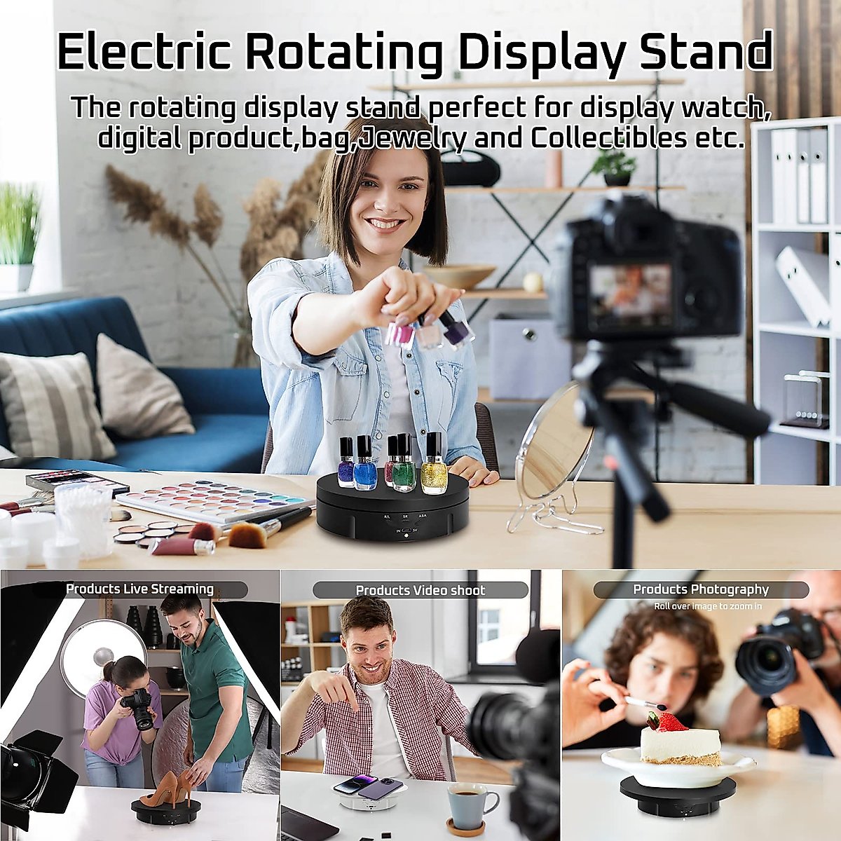 JAYEGT 3 in1 Motorized Rotating Display Stand with 5.74/7.08/8.66 inch Replacement Cover，Max 22lbs Load，360 Electronic Turntable for Photography Products (3 in1 / Black/with Remote Controller)