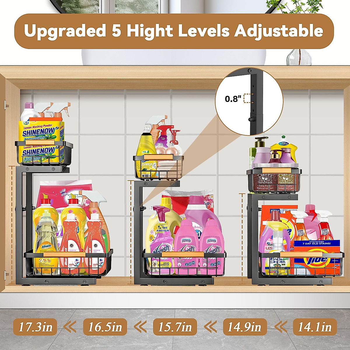 2 Pack Under Sink Organizer, Metal Slide out Sink Shelf Pull Out Cabinet Organizer Shelf, Kitchen Bathroom Organizers and Storage Metal Sliding Drawer, Multi-Purpose Storage for Home,Laundry Room