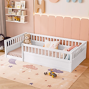 FUQIAOTEC Twin Size Kids Floor Bed Frame, Montessori Wood Floor Bed with Safety Guardrails and Slats for Bedroom Playroom, White Fence, 78" W x 41" D x 20" H