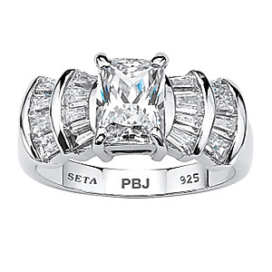 PalmBeach Yellow Gold-Plated or Platinum-Plated Sterling Silver Emerald Cut & Baguette Cubic Zirconia Step Cut Engagement Ring Size 6