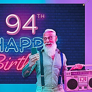 5665 Glow Neon Happy 94th Birthday Backdrop Banner Decor Black – Colorful Glowing 94 Years Old Birthday Party Theme Decorations