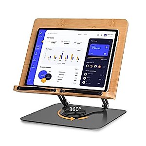 wishacc Book Stand for Reading, 360° Rotating Base & Page Clips, Adjustable Rotating Foldable Bamboo Reading Stand