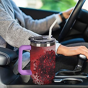 LLUTSNTH 40 Oz Vacuum Tumbler with Violet Handle Leakproof Insulated Tumbler Red Love Heart Tree Stainless Steel Travel Mug with Lid And Straw Coffee Cup Cute Water Bottles Cup Holder Friendly
