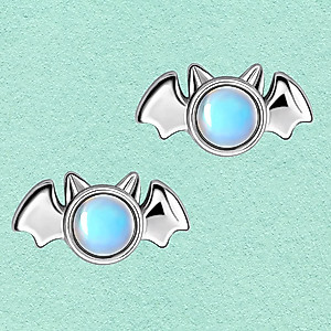 Halloween Moonstone Bat Earrings Sterling Silver Vampire studs for Women Hypoallergenic Piercing Stud for Sensitive Ears Fashion Gothic Jewelry