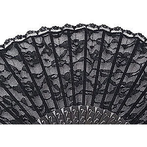 Womens Multi Color Handmade Cotton Lace Folding Hand Fan (Black-A) (Black)