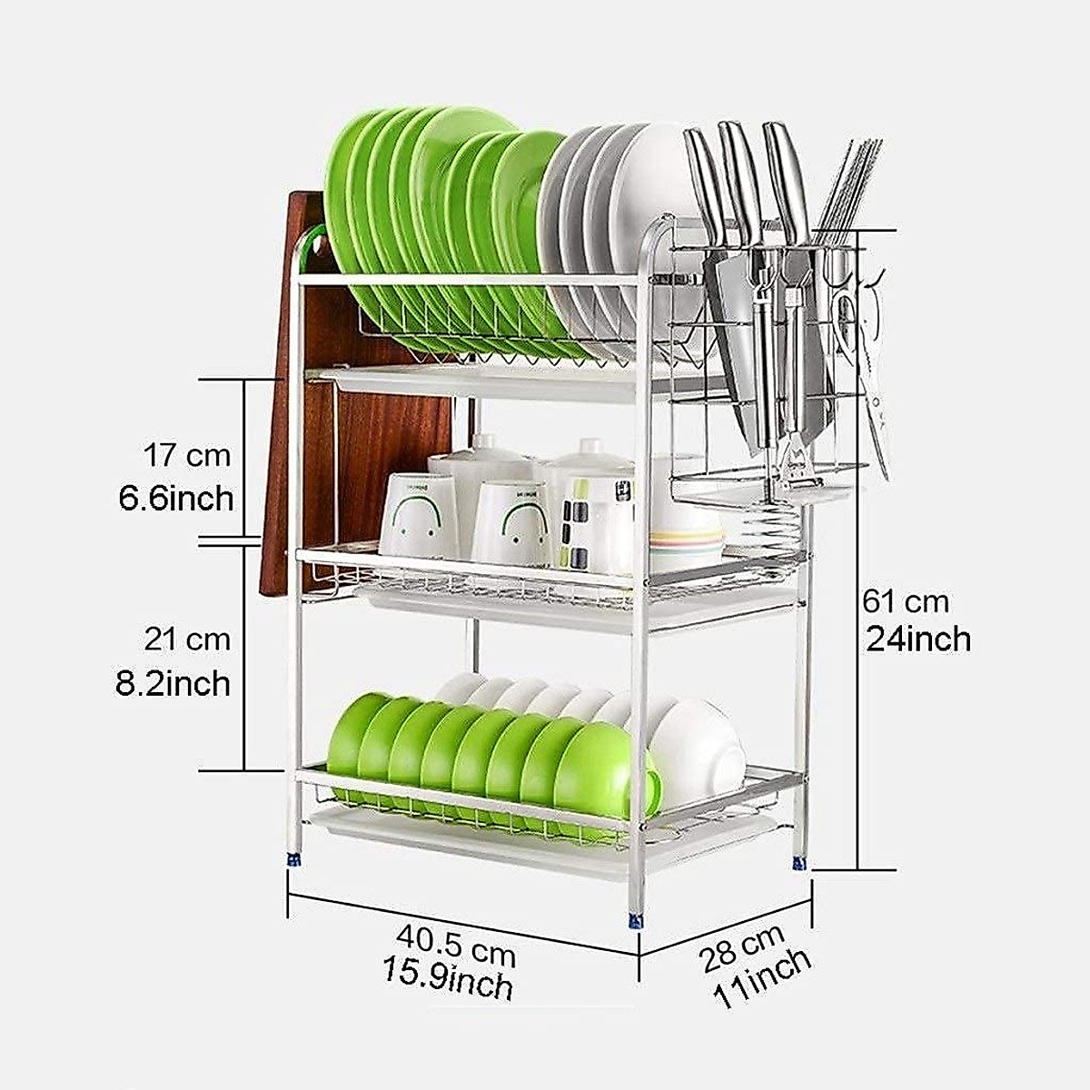 Plate Rack Draining Dish Rack Dish Drying Rack 304 Stainless Steel 3 Tier Dish Rack With Drain Board, Utensil Holder, Cutting Board Pan Plate Holder
