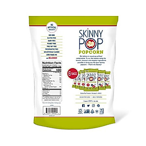 SkinnyPop Popcorn, Gluten Free, Dairy Free, Non-GMO, Healthy Snacks, Skinny Pop Original Popcorn Snack Packs, 0.65oz Individual Size Snack Bags (6 Count)