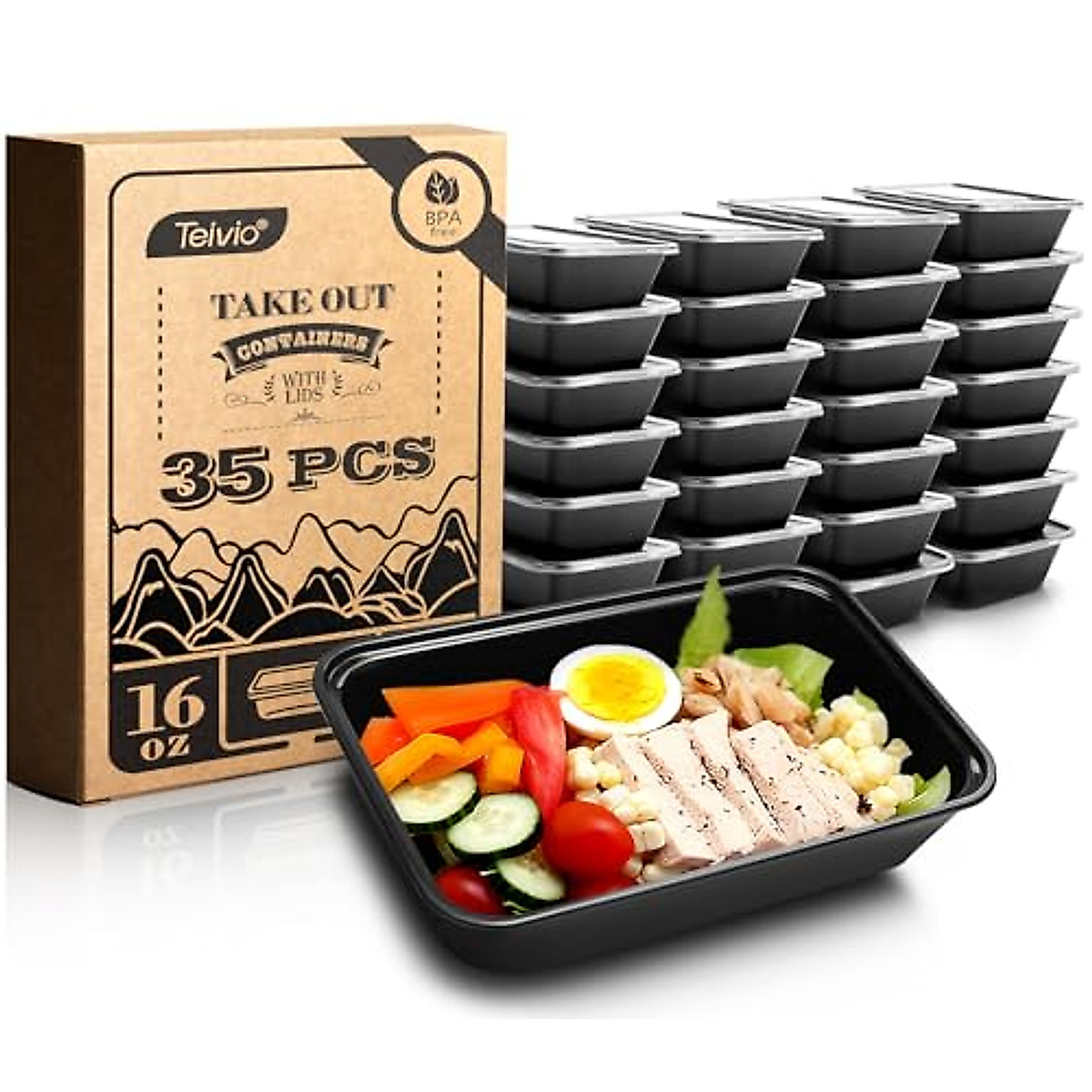 Teivio 35Pack 16oz Disposable Meal Prep Containers, Plastic Food Storage Containers with Lids, Leak proof, Microwave and Freezer Safe,for preparing lunch, snacks, salad or sandwiches (Black)