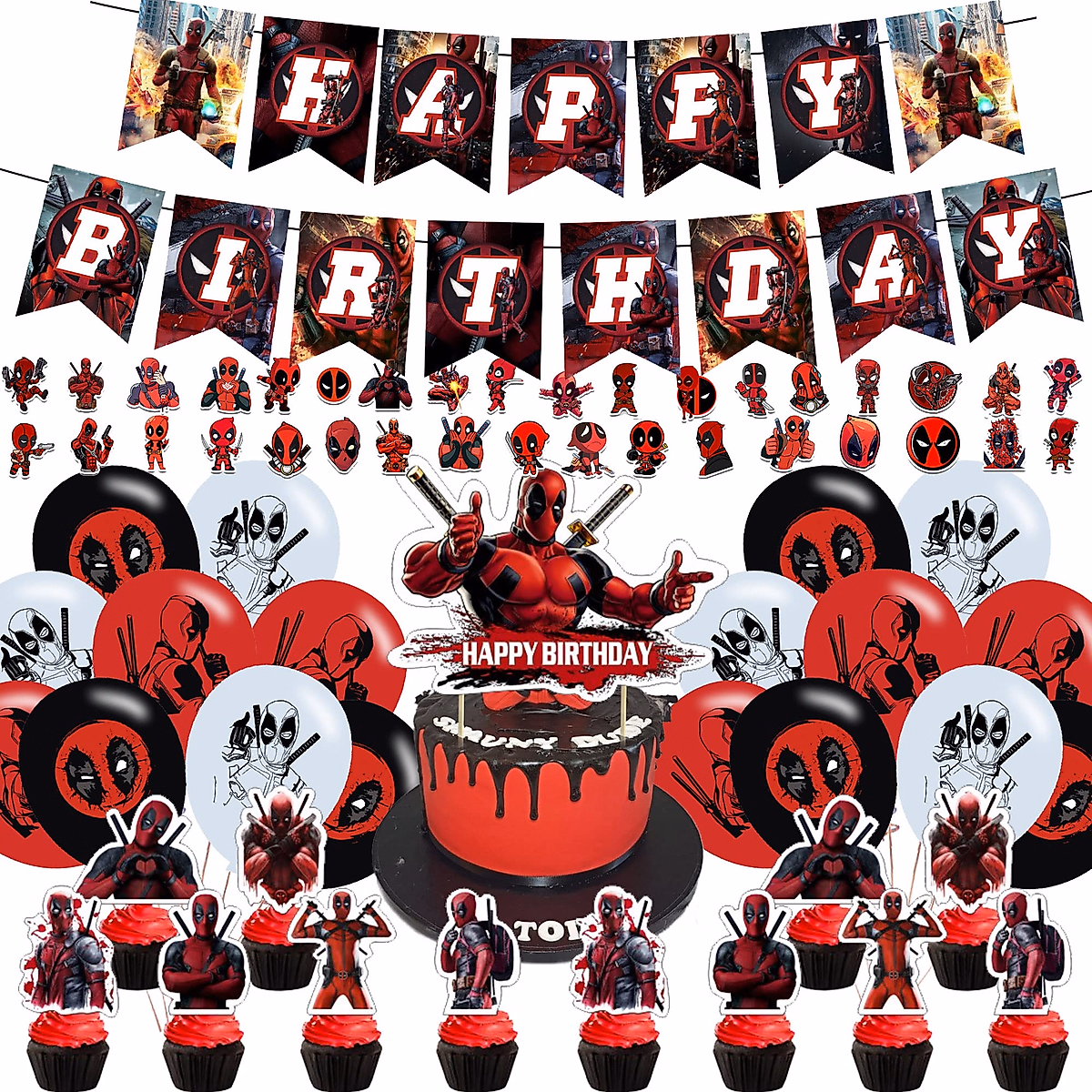 Deadpool Party Decorations,Birthday Party Supplies For Deadpool Party Supplies Includes Banner - Cake Topper - 12 Cupcake Toppers - 18 Balloons - 50 Deadpool Stickers