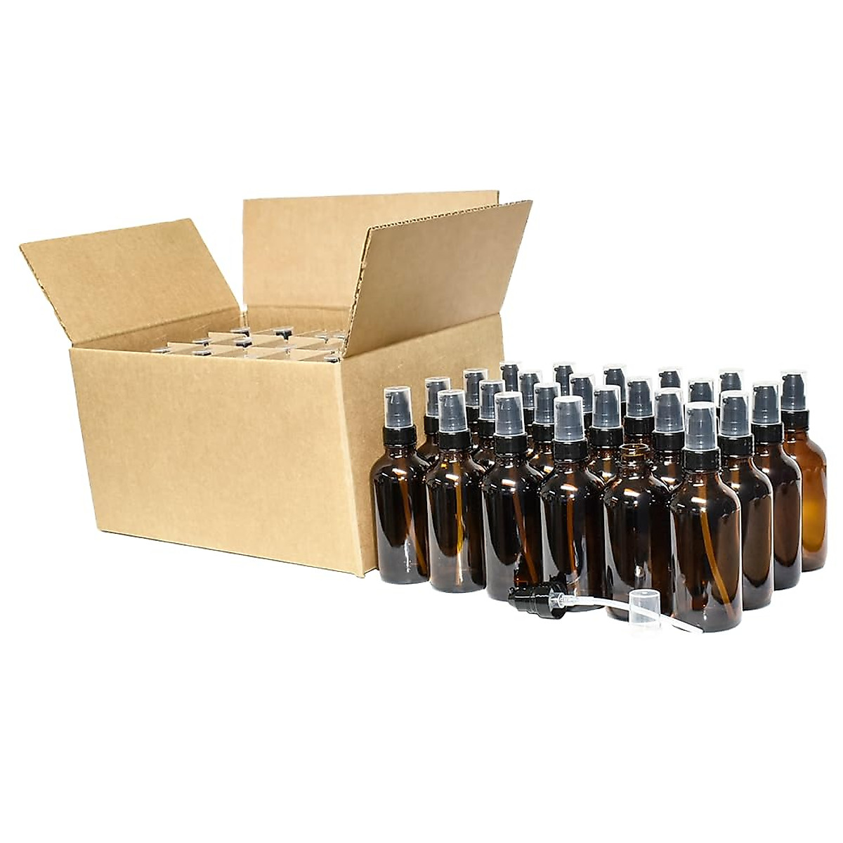 GlassBottleOutlet (Pack of 24) 4 oz. Amber Boston Round with Black Treatment Pump