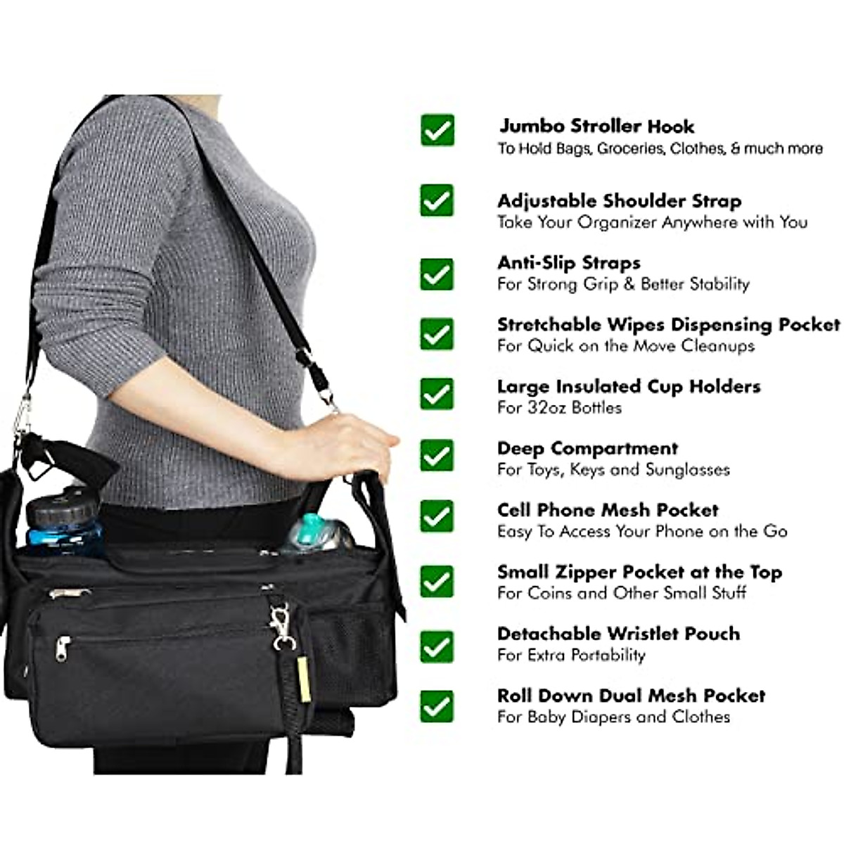HUJOM Universal Stroller Organizer with Insulated Cup Holders, Shoulder Strap, Phone Bag and Wipes Pocket. Caddy Fits Uppababy, Baby Jogger, Britax, BOB. Must have Stroller Accessories.