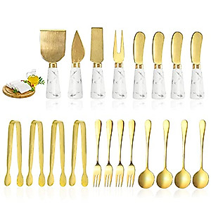 ANGIEHAIE 20 PCs Gold Cheese Spreader Knives Set, Butter Knife Spreaders for Cheese Board Accessories, Mini Cheese Knife Slicer with Serving Tongs Spoons and Fruit Forks Charcuterie Utensils - Gold
