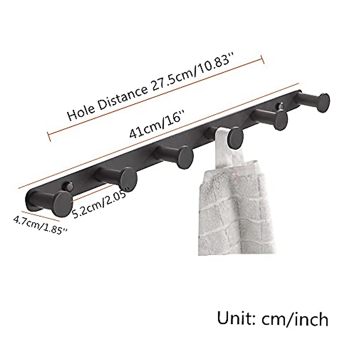 BigBig Home Black Towel Hook, Bathroom Wall Hook Rack with 6 Hooks Matte Bedroom Coat Hook Kitchen Robe Hanger Wall Mount