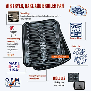 Range Kleen Broiler Pans for Ovens - BP102X 2 Pc Black Porcelain Coated Steel Oven Broiler Pan with Rack 16 x 12.75 x 1.75 Inches (Black)