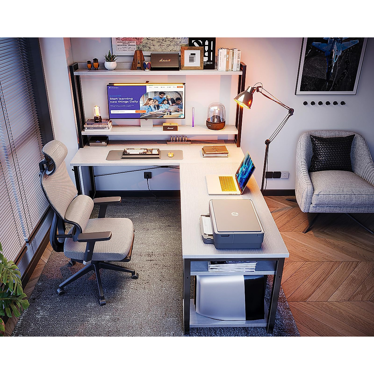 ODK L Shaped Gaming Desk with Hutch, Computer Desk with Storage Shelves, 66" L Shaped Desk for Home Office, Corner Desk with Headphone Hook, White