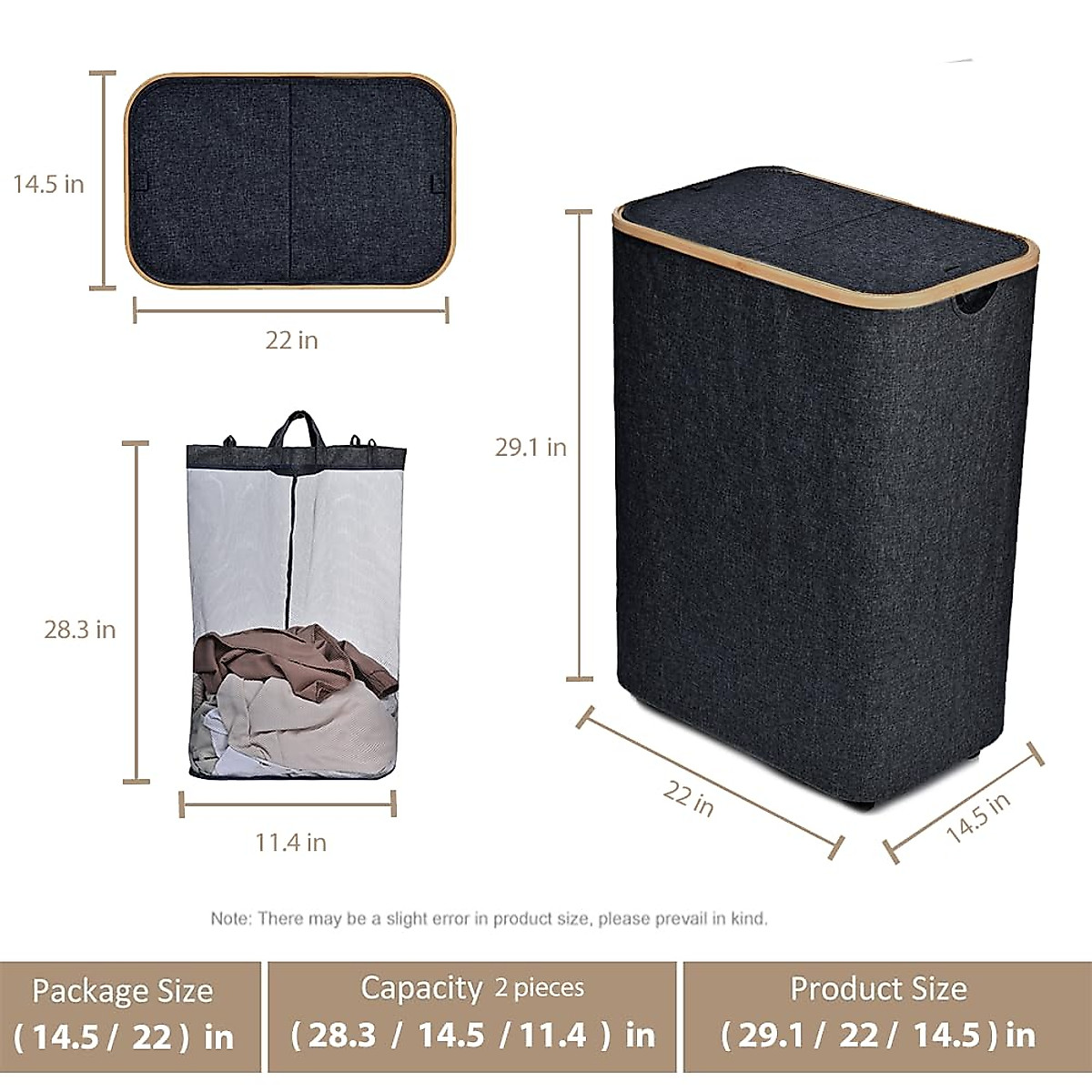 Large Laundry Hamper with Wheels and Lid | 144L Collapsible Laundry Baskets with Removable Bag | Dirty Clothes Hamper for Bedroom, Dorm | CarzyHome Double Rolling Laundry Basket with Handles - Black