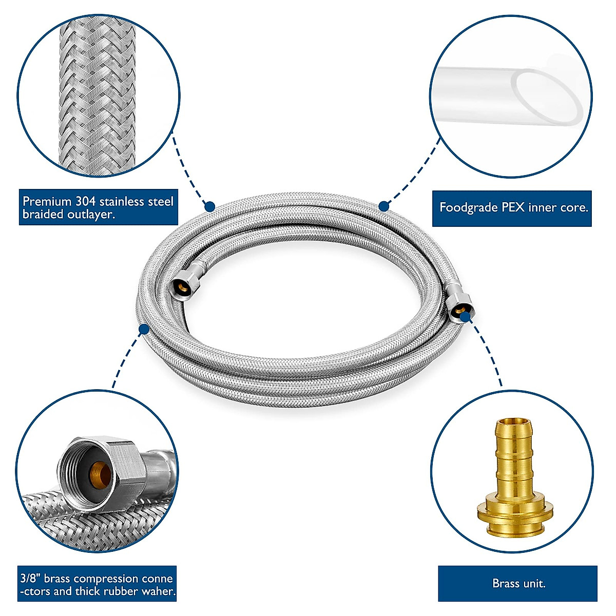 Dishwasher Installation Kit - 10 FT Stainless Steel Braided Dishwasher Hose kit,Food Grade PEX Inner Tube Dishwasher Water Line with 3/8"x3/8"x3/8" Add A Tee,3/8"x3/8"MIP Elbow,3/8"x3/4"FHT Elbow
