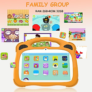 Aheadthink Kids Tablet, 7 inch Tablet, 32 + 128gb ROM Expansion, Android 12 Kids BT, GMS, WiFi, Parental Control Mode, Animal Appearance Shell Resistant, Education, Games.(Yellow)