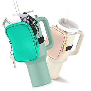 SAPYONY 2pcs Water Bottle Pouch For Stanley Quencher Adventure 40oz & Stanley IceFlow 20oz 30oz,tumbler pouch with Pocket, for Cards, Keys, Wallet, Earphone,Compact, Versatile(Khaki, Lake Green)