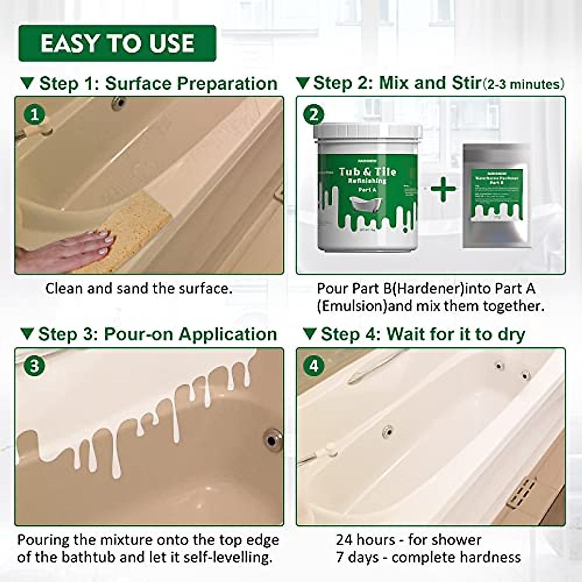 NADAMOO Tub and Tile Refinishing Kit (1kg / 35 oz, with tools, White), DIY Bathtub Sink Reglaze Kit Countertop Resurface Paint for Bathroom Kitchen Porcelain Fiberglass, Semi-matte White Coat