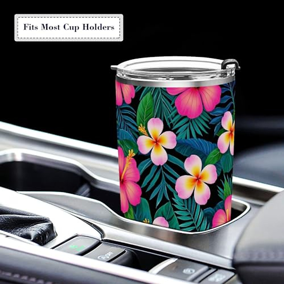 Summer Plumeria Hibiscus Palm Leaf Stainless Steel cups with lids with Lid and Straw coffee mugs with lids for Home, Office or Car safe tumbler with lid and straw 20 OZ