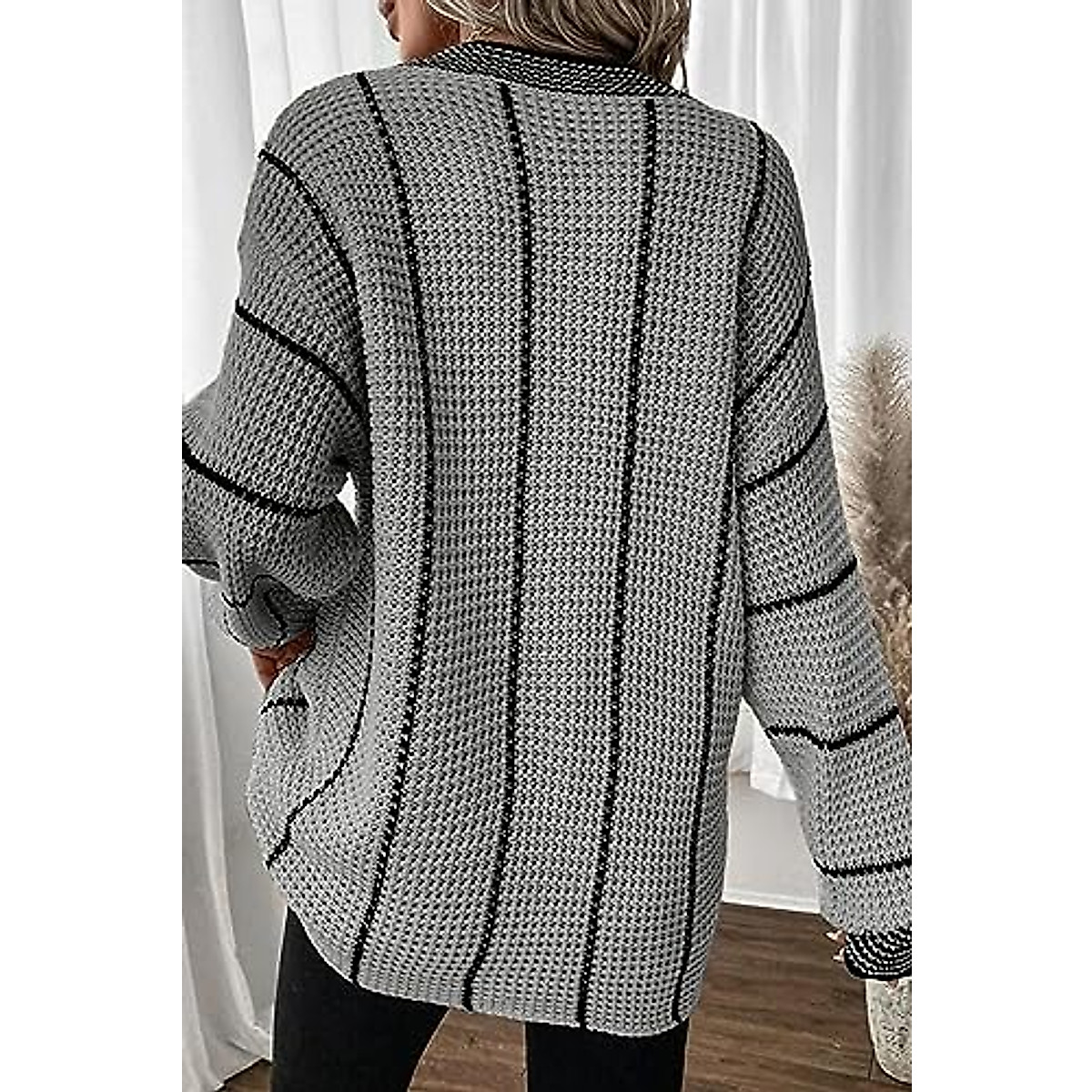 AlvaQ Women Sweaters Winter Fall Fashion Color Block Striped Sweaters Casual Long Sleeve V Neck Pullover Knit Jumper Tops Gray Medium