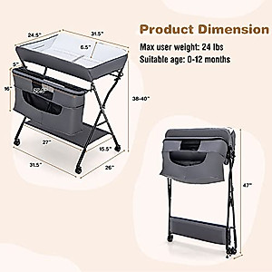 HONEY JOY Changing Table, Folding Mobile Nursery Organizer w/Wheels, Adjustable Height, Storage Bag & Open Shelf, Portable Diaper Changing Station for Newborn (Gray, 31.5"x26"x40")