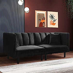 BENDIC Convertible Velvet Futon Bed, Modern Sleeper Sofa with 2 Pillows, 3 Adjustable Angles for Backrest, Living Room Couch with 7 Sturdy Metal Legs, Upholstered Loveseat for Home, Office, Black