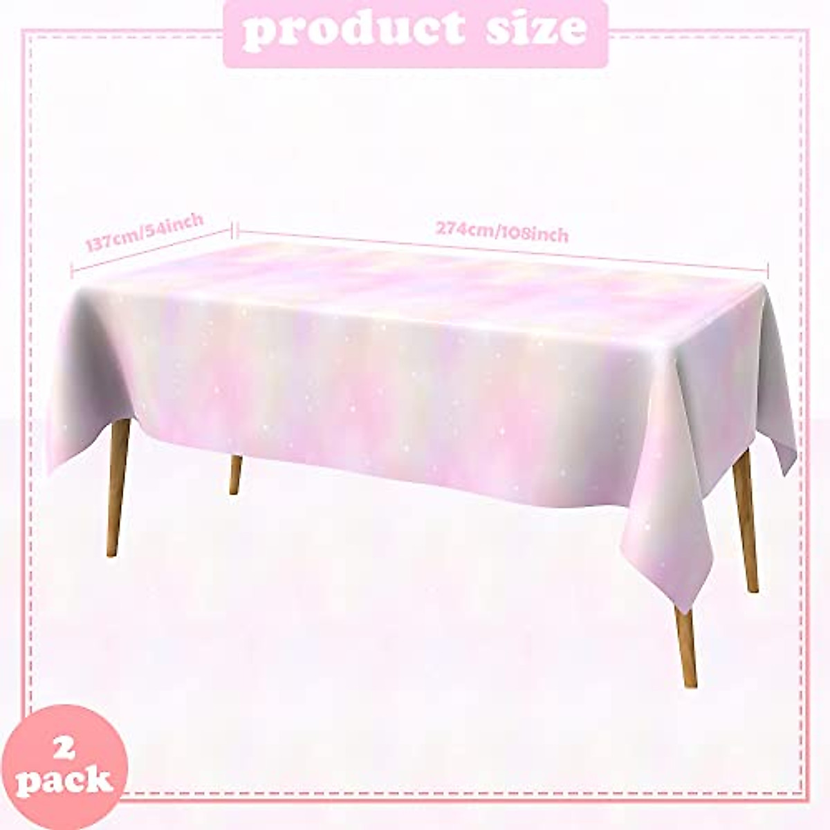Pastel Rainbow Tablecloths 2 PCS Disposable Rainbow Tablecloth Waterproof Plastic Table Cloths for Rectangle Tables, Birthday Decoration Party Supplies for Birthday Wedding Pink Theme Party 108" x 54"