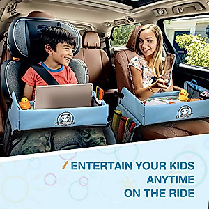 Upgraded Kids Travel Tray with Dry Erase Top Car Seat Travel Tray with 16 Organizer Pockets for Car Stroller Plane With 5 Educational Drawing Blue
